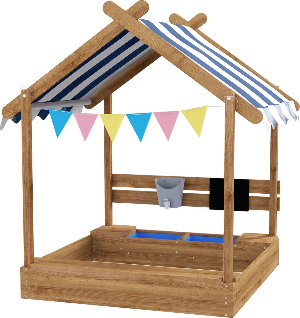 Outsunny Pískoviště s ochranou proti slunečnímu záření, design domečku na hraní, se sadou hraček, opracované masivní dřevo, 124 x 116 x 146 cm, hnědá…