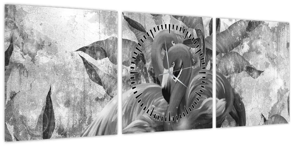 Obraz - Plameňáci graffiti (s hodinami) (90x30 cm)