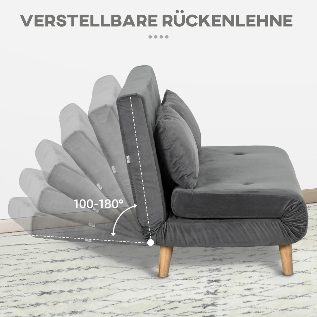 HOMCOM 2místná rozkládací pohovka s funkcí lůžka, rozkládací pohovka s nastavitelným opěradlem, šedý sametový vzhled, 130 x 78 x 79 cm do obývacího p…