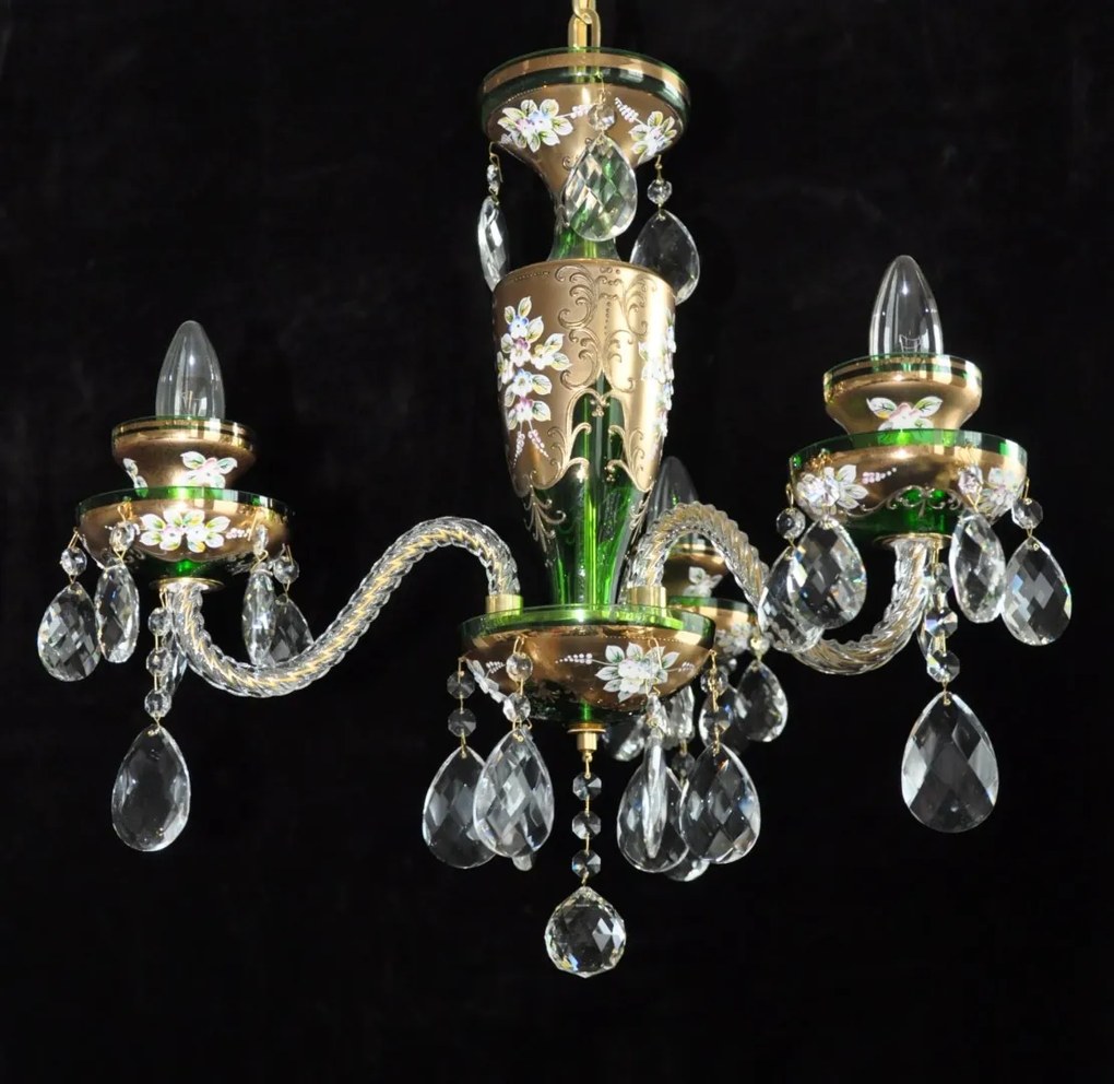 Small 3 Arms Emerald Green enamelled crystal chandelier with glass flowers