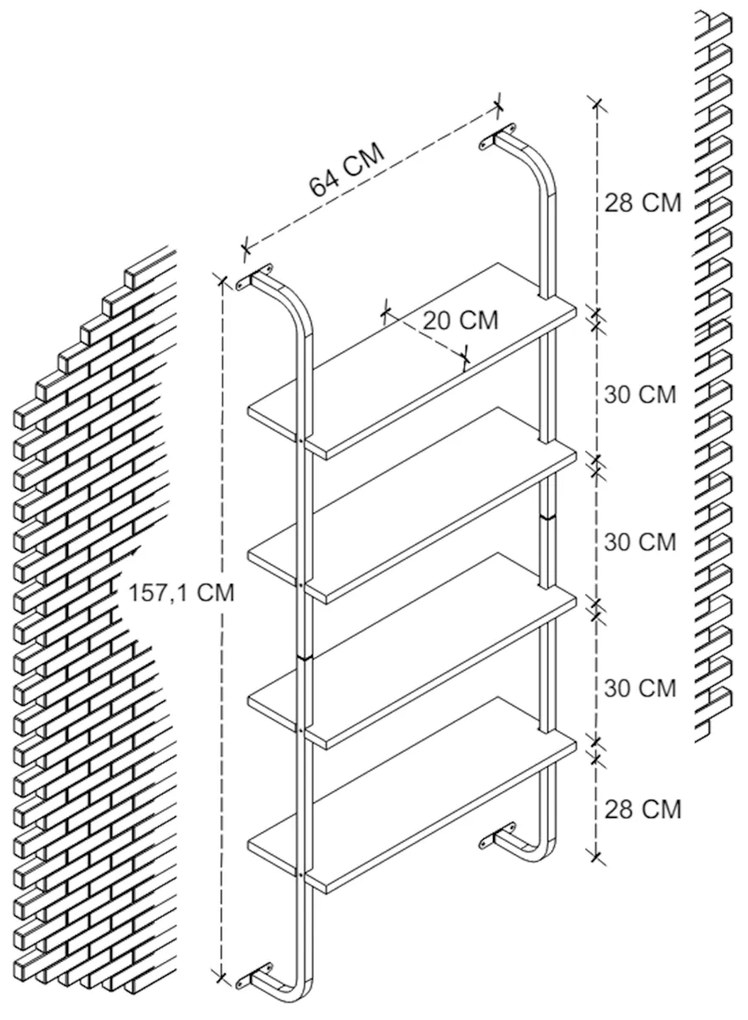Nástěnná kovová knihovna MARI - 4 police - bílá