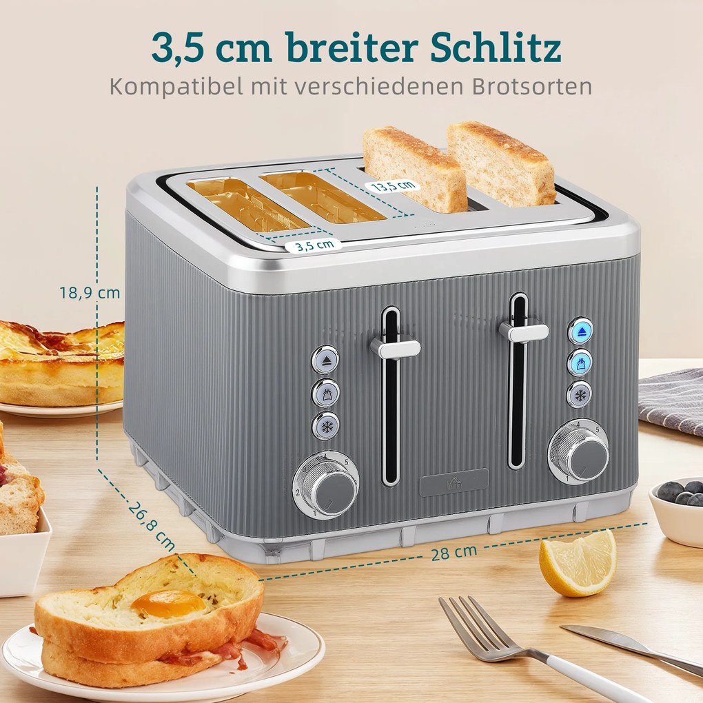 HOMCOM Varná konvice 2200 W, 1,7 l s funkcí rychlého vaření, filtr proti vodnímu kameni a toustovač na 4 plátky s 7 stupni opékání, šedá
