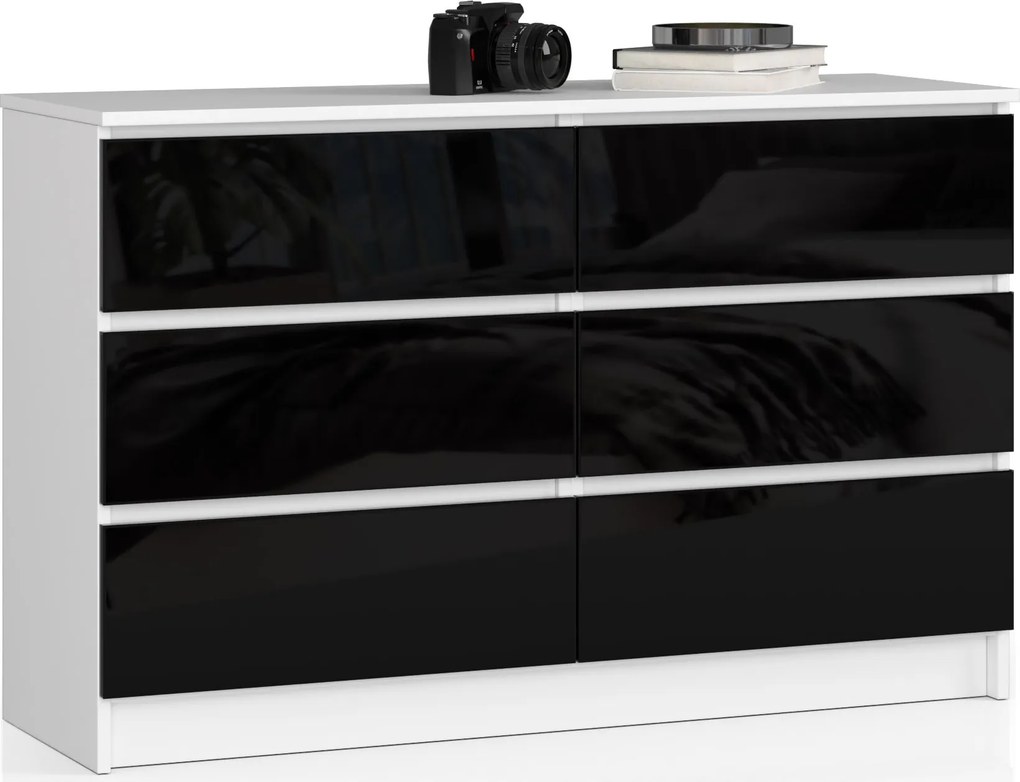 Komoda K120 6SZ bílá/černý lesk