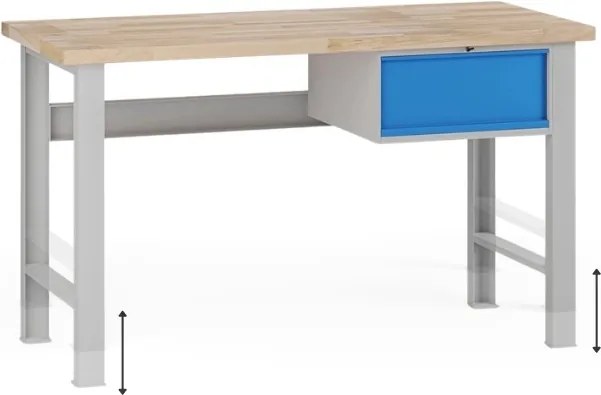 Výškově nastavitelný dílenský stůl G7, buková spárovka, 1500 x 685 x 840-1040 mm, 1x kontejner, 1 zásuvka, modrá