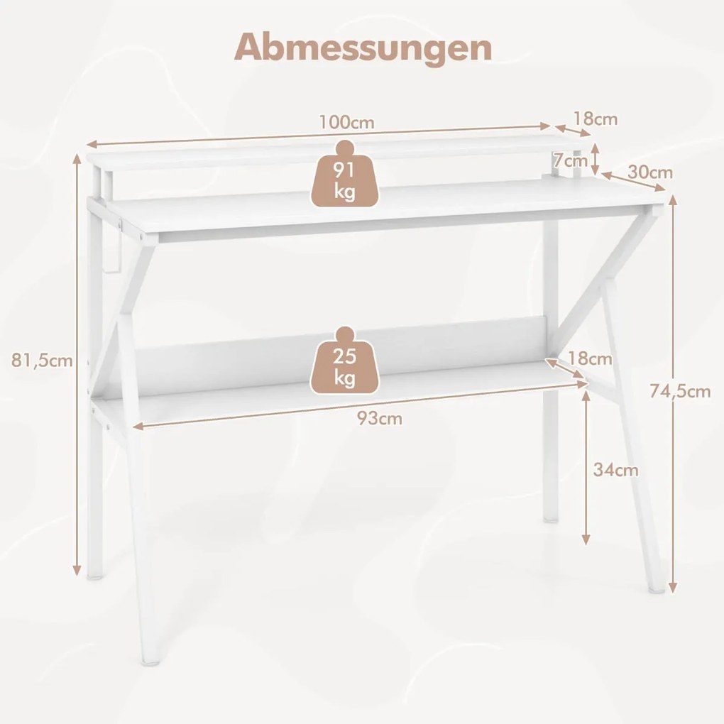 Costway Psací stůl se stojanem na monitor Malý s policí – 100 × 50 cm