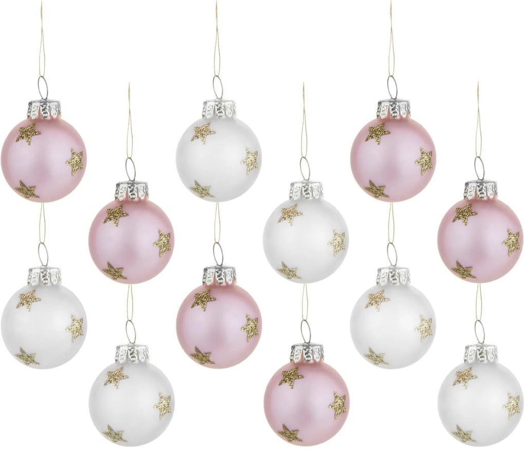 Sass & belle Sada vánočních baňek Gold Stars Mini, růžová barva, bílá barva, zlatá barva, stříbrná barva, sklo