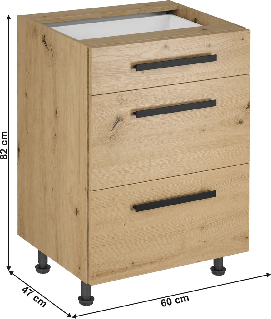 Spodní skříňka, dub artisan, s úchytkami, LANGEN D60S3 U