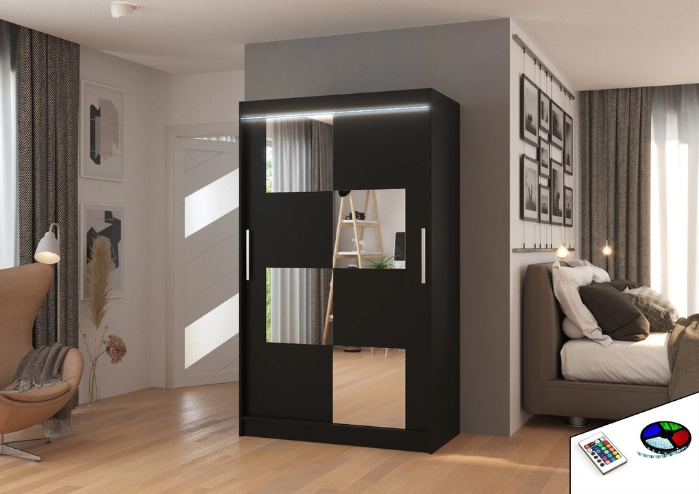 ADRK Furniture Posuvná skříň se zrcadlem a LED osvětlením LUGANO 120 SW-LUG-B-120+L-V030