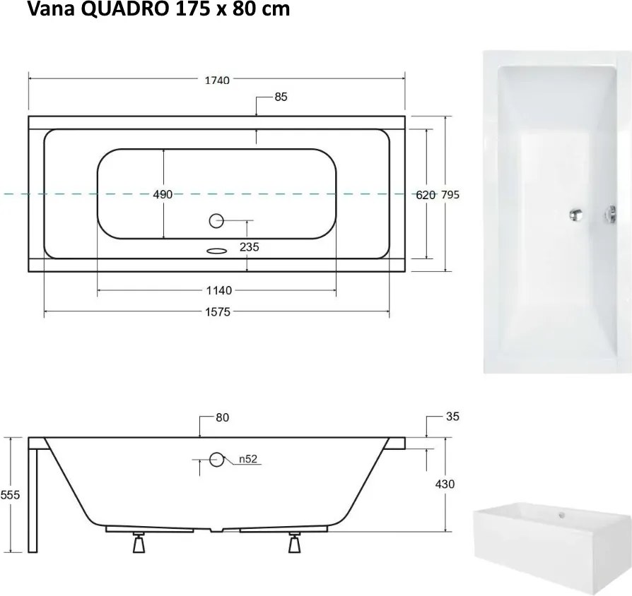 Besco QUADRO 175 x 80 cm VANQAUD175+OLVPINOZ vana vč. nožiček