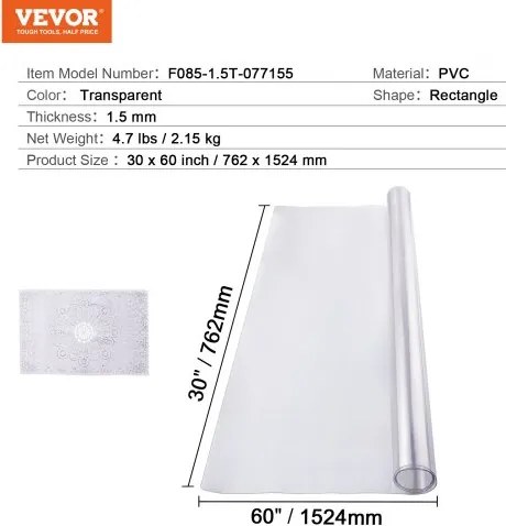 PVC chránič stolu 76,2 × 152,4 cm průhledný plastový o tloušťce 1,5 mm