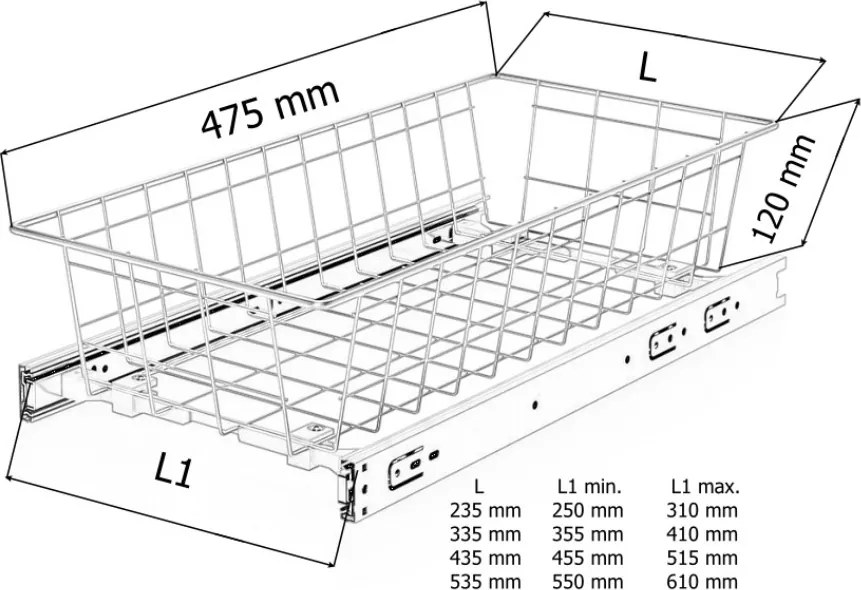 In-Design Šatní koš na oblečení s plným výsuvem výška 120 mm stříbrná Šířka koše (mm): 235 mm, Minimální nastavitelná šířka: 250 mm, Maximální nastavitelná šířka: 310 mm