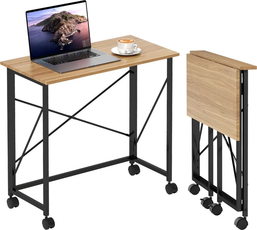 Skládací stůl HOMCOM 80 cm se zabudovanými koly pro úsporu místa, ideální do domácí kanceláře, Dub | Aosom