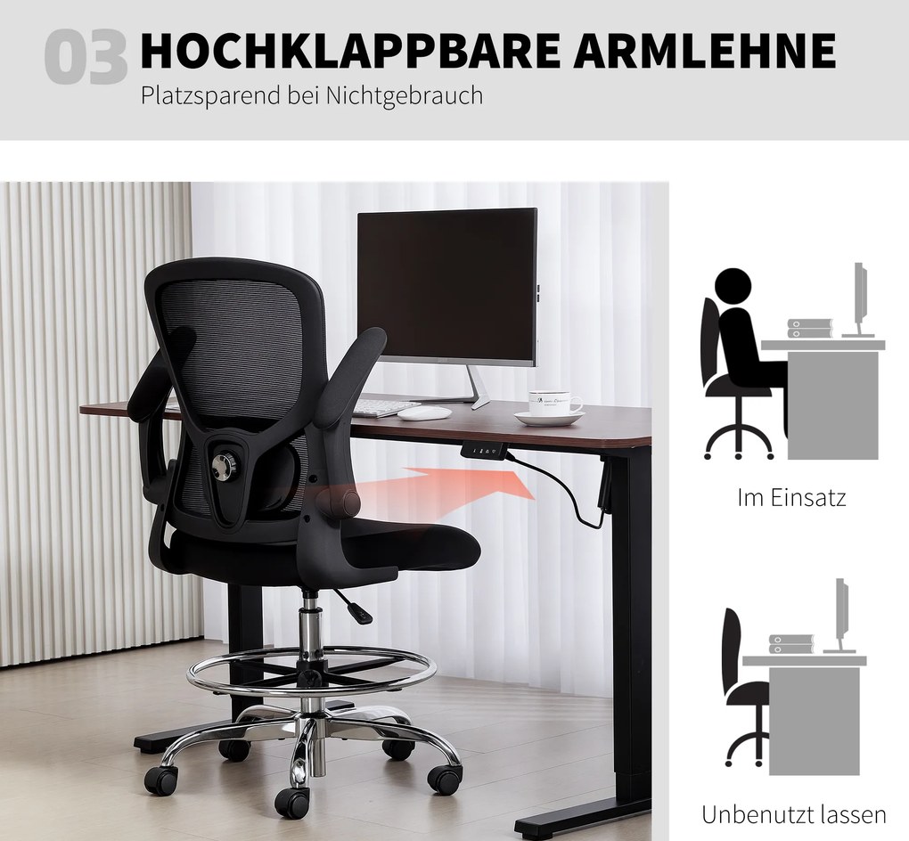 HOMCOM Kreslířská židle s bederní opěrkou, výškově nastavitelná, otočná, pro domácí kancelář, studio, umělecké projekty, černá