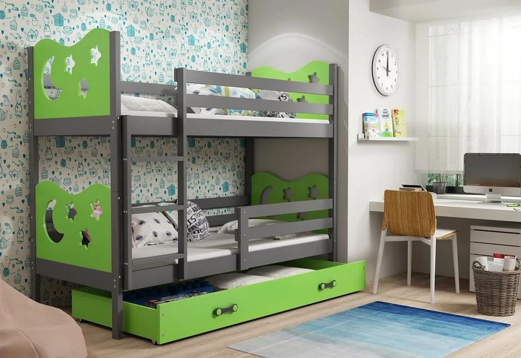 Patrová postel KAMIL 2 + úložný prostor + matrace + rošt ZDARMA, 80x190, grafit, zelená