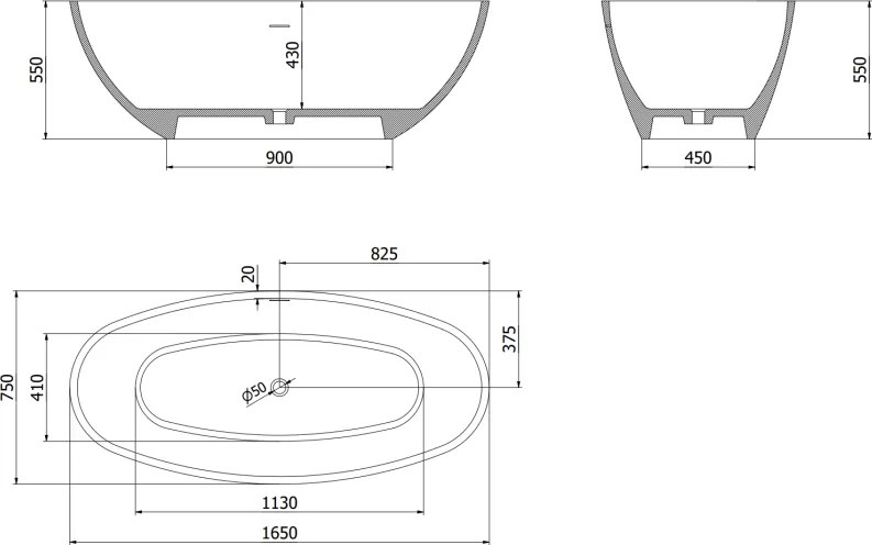 Mexen Bari, volně stojící vana z konglomerátu 165 x 75 cm, bílá matná, 57221657500