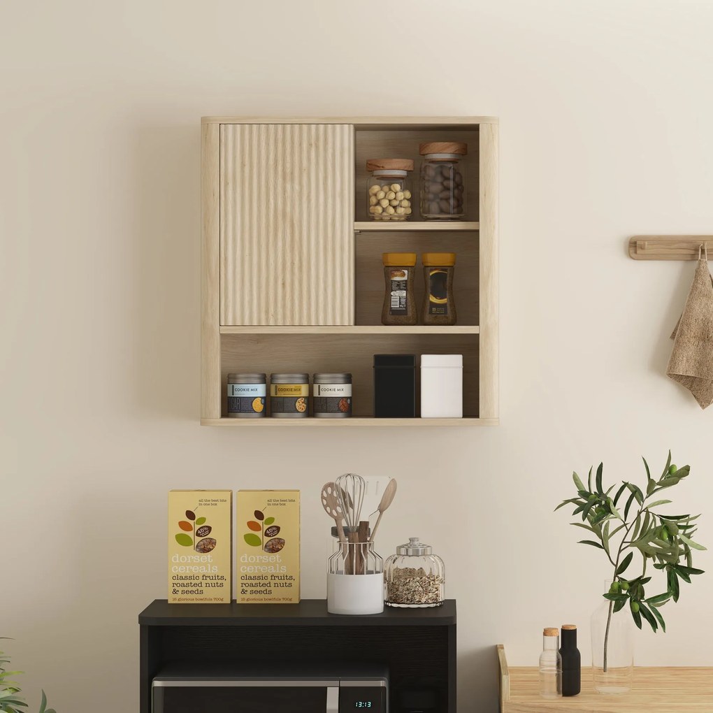 HOMCOM Nástěnná skříňka do koupelny s nastavitelnými policemi, sklápěcími dveřmi a zakřiveným designem 60x20x62 cm Přirodní