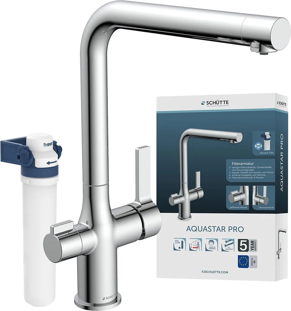 Schütte Vodovodní baterie na pitnou vodu „Aquastar Pro“ s filtračním systémem proti usazeninám vodního kamene a těžkým kovům. (chrom)