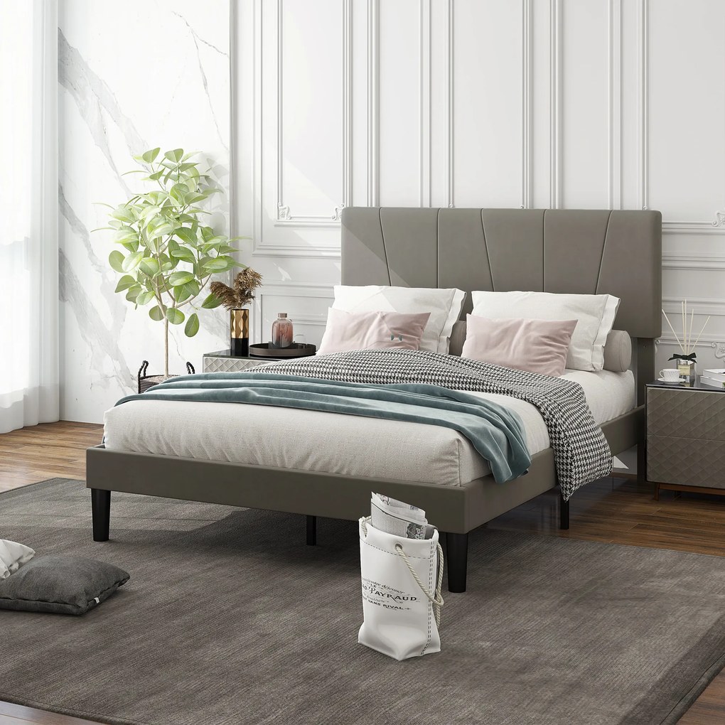 HOMCOM Dvoulůžkový Rám Postele, 140 x 190 cm, Postel pro 2 osoby, Kovový Rám, Nastavitelný Čelní Panel, s Lamelovým Roštem, Úložný Prostor pod Postel…