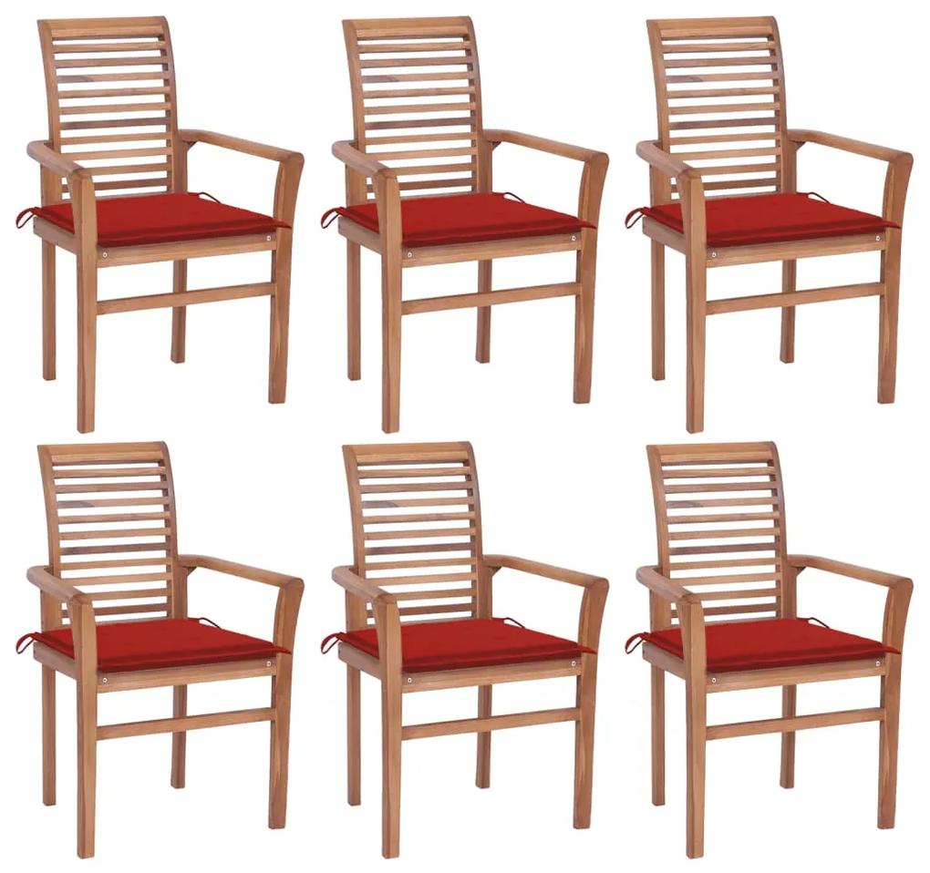 3072952 vidaXL Jídelní židle 6 ks s červenými poduškami masivní teak