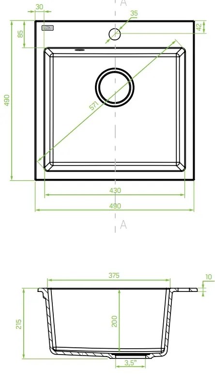 Laveo Alena, 1-komorový granitový dřez 490x490x215 mm, černá, LAV-SBA_710B