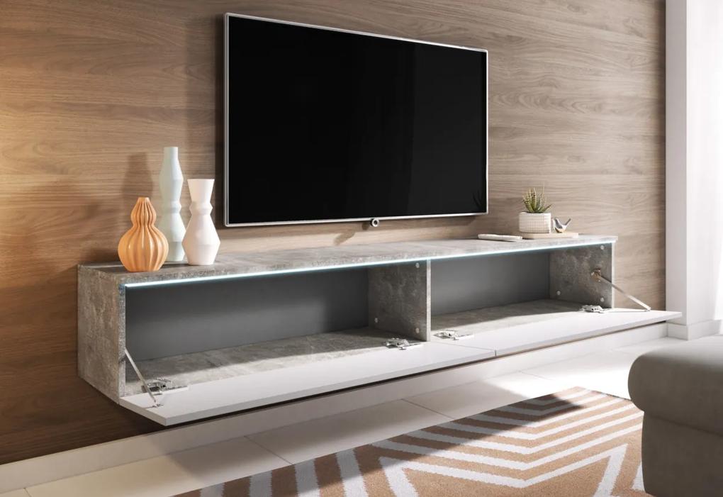 TV stolek LOWBOARD D 180, 180x30x32, beton/bílá lesk + LED