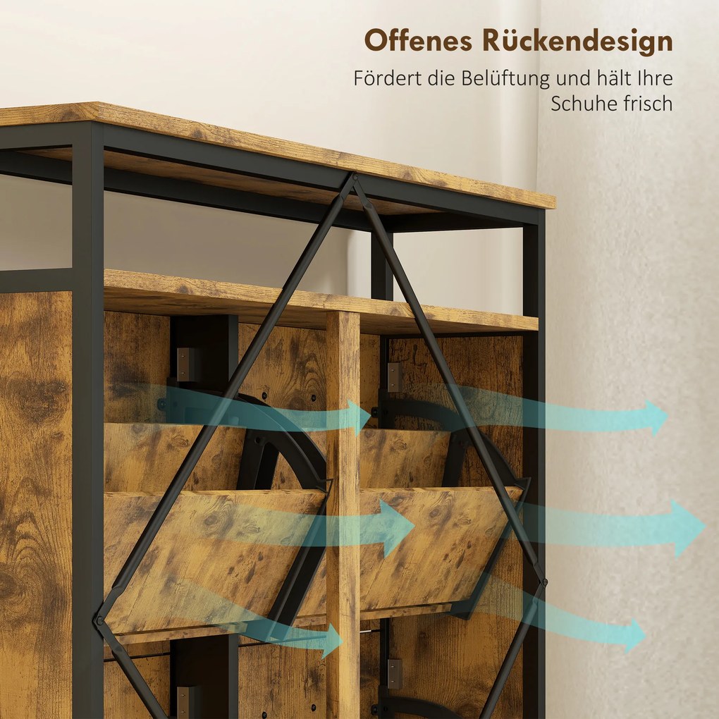 HOMCOM Botník se 4 sklápěcími zásuvkami, úzký design, otevřená police, pro 12-20 párů bot, ocel, hnědá