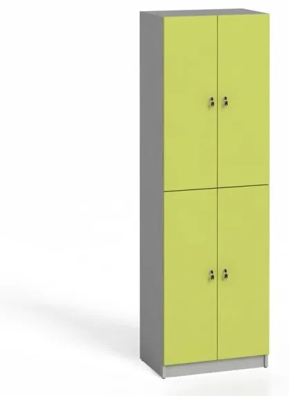 Dřevěná šatní skříňka, 4 dveře, cylindrický zámek, šedá / zelená