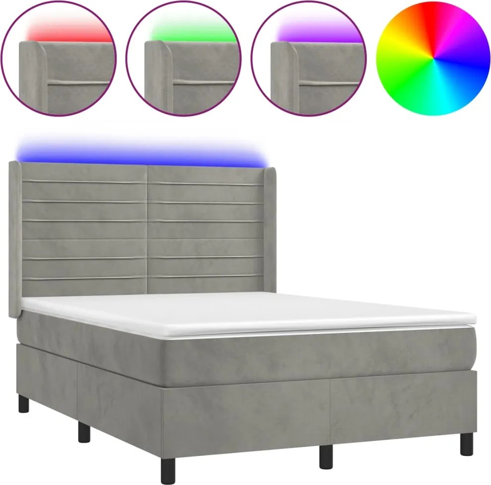 Box spring postel s matrací a LED světle šedá 140x190 cm samet 3139619