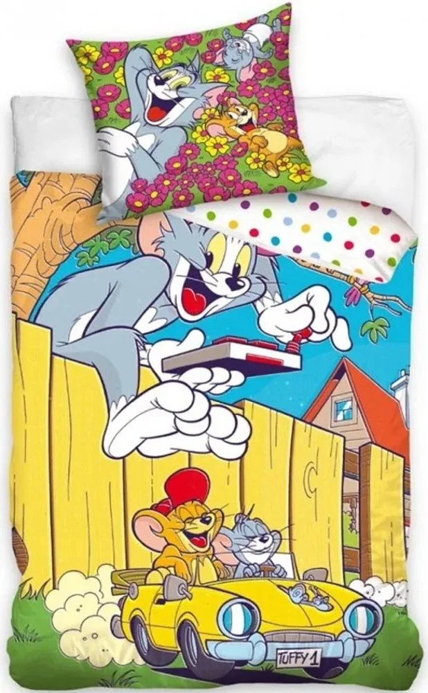 Bavlněné ložní povlečení Tom a Jerry ve žlutém kabrioletu - 100% bavlna Renforcé - 70 x 90 cm + 140 x 200 cm