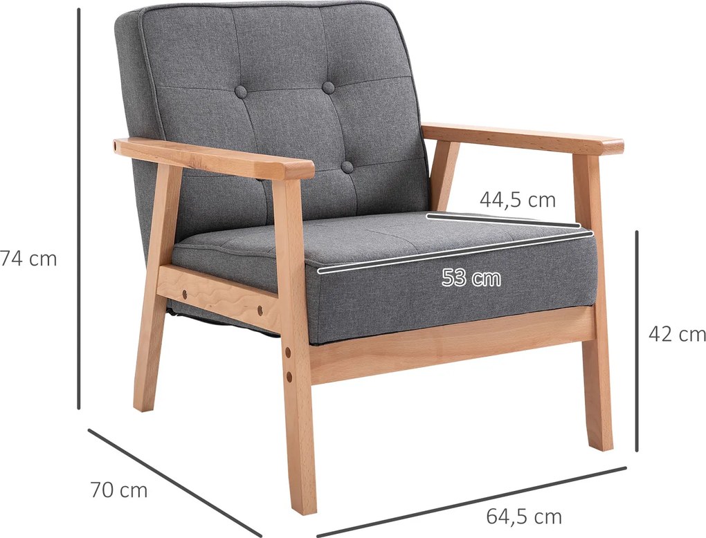 HOMCOM Samostatné Křeslo Lounge s Čalouněním a Dřevěným Rámem, Lněné Šedé 64,5 x 70 x 74 cm