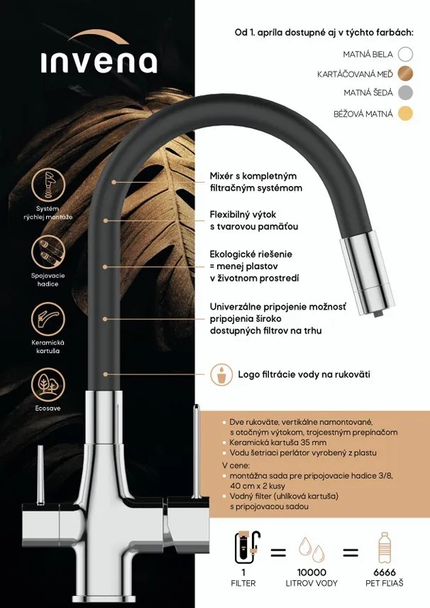 Invena Magic, stojánková dřezová baterie s flexibilním ramenem a filtrem na pitnou vodu, černá-měděná matná, INV-BZ-02-F15-V