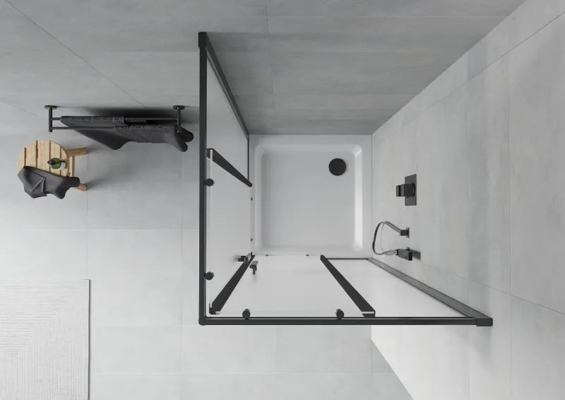 Mexen Rio, sprchový kout s posuvnými dveřmi 90x90x190 cm, 5mm sklo námraza, černý profil + bílá sprchová vanička SLIM, 860-090-090-70-30-4010B