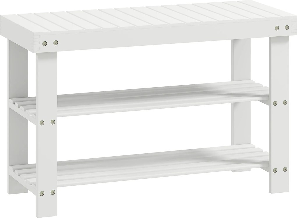 HOMCOM Bambusová botníková lavička se sedadlem, 3-patrový organizér na boty pro 6 párů do předsíně, obývacího pokoje nebo ložnice 70x28x45 cm Bílá