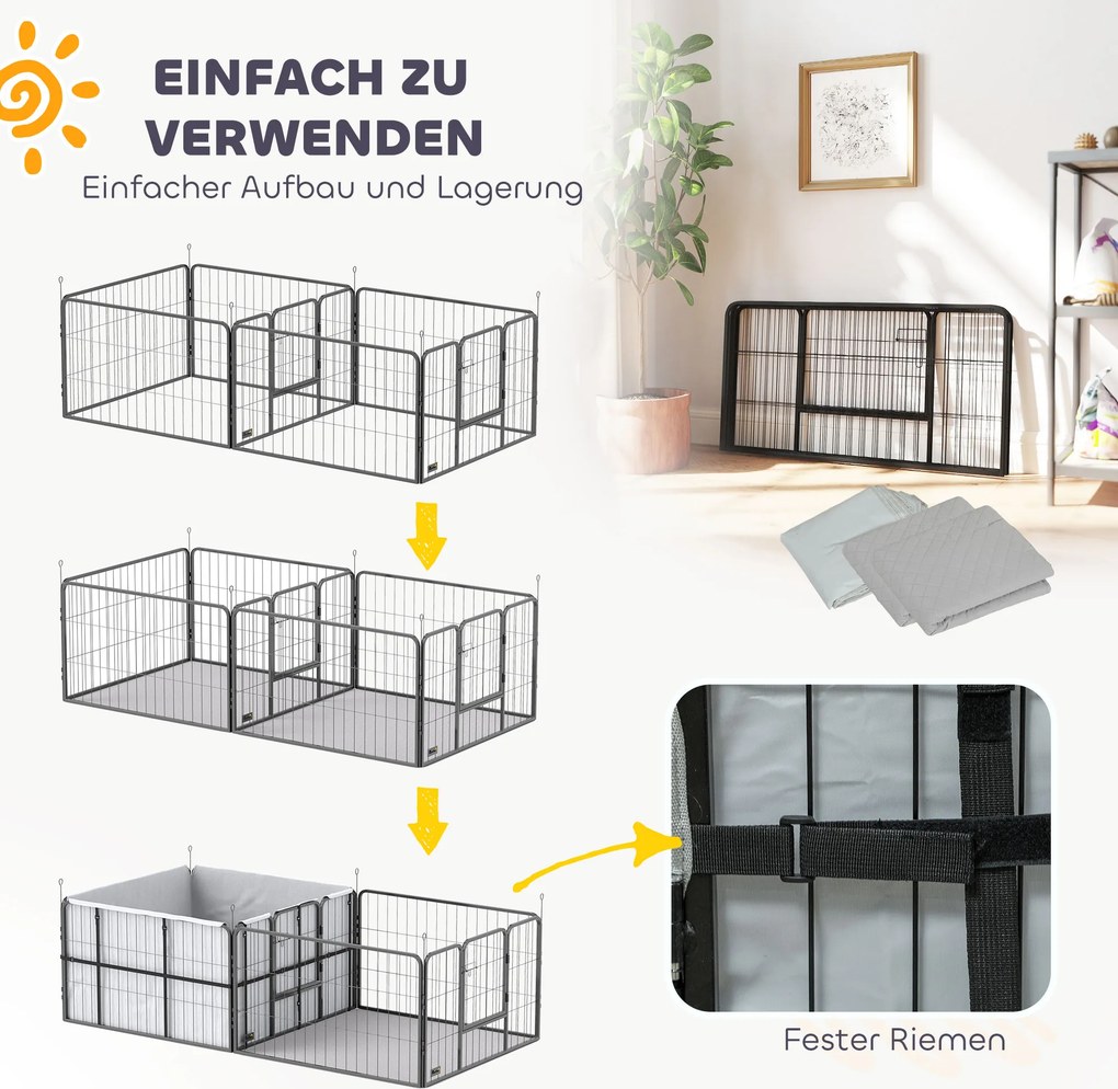 PawHut Pelíšek pro štěňata, ohrádka pro štěňata se 7 panely, 2 plochy, omyvatelná podložka pod stelivo, 203x102x60cm černá