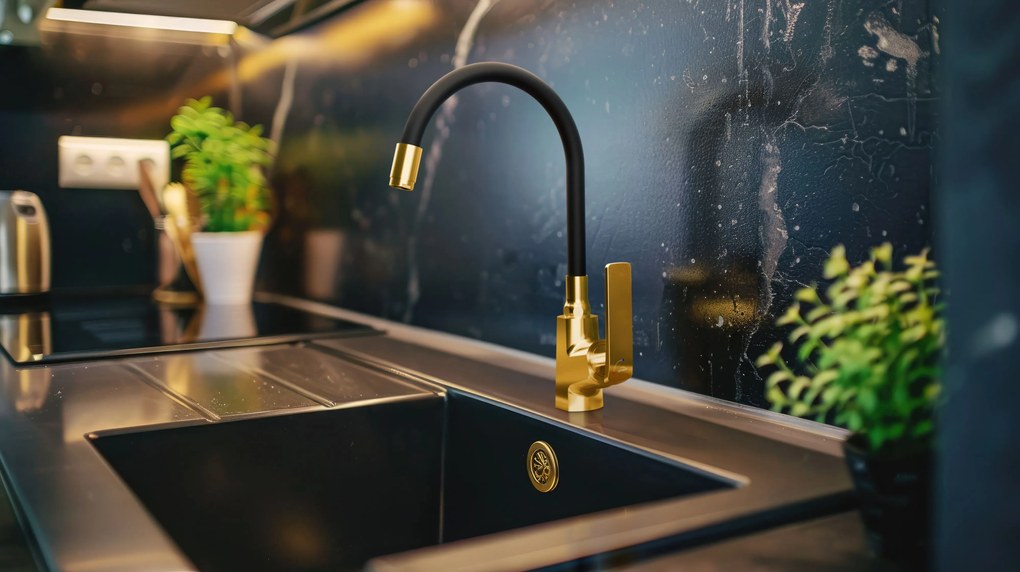 Invena Ligaria, vysoká dřezová baterie s elastickým ramenem, systém Eco Start, zlatá lesklá/černá matná, INV-BZ-39-009-L
