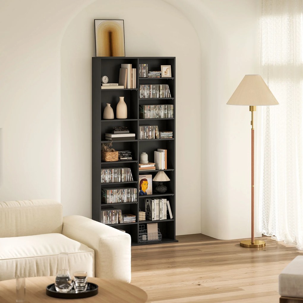 HOMCOM Moderní CD Kniha s 18 policemi pro 640 CD, Šatní skříň na CD z DTD, 78,5x24x175 cm, Černá