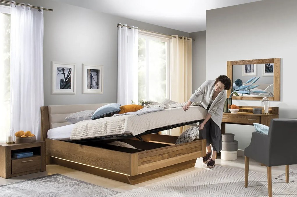 Dvoulůžková postel Velvet II 74 140x200 z masivu s LED osvětlením a roštem dub Rustikal/béžová