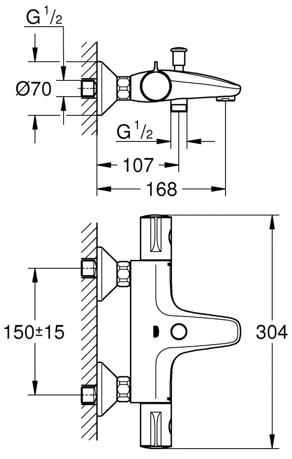 Grohe Grohtherm 800 - Termostatická vanová baterie nástěnná, chrom 34567000