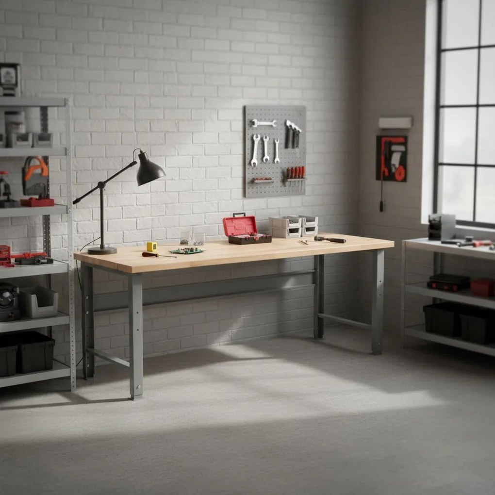 Výškově nastavitelný dílenský stůl Basic s čelní deskou 200 x 80 cm, šedá - ral 7038
