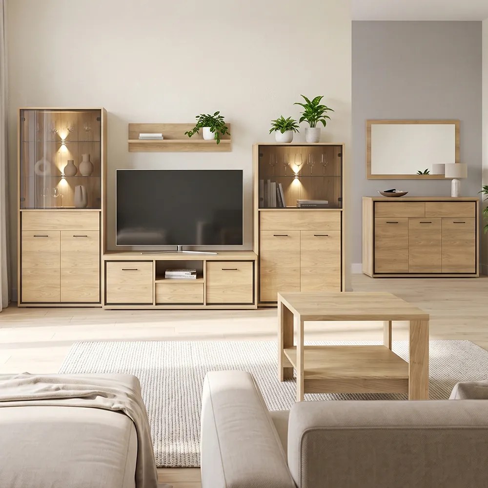 Obývací stěna s komodou MEDIOLAN | sestava A | 323,5 + 177 cm + konferenční stolek 65x65 cm | 7 dílů | natural hikora