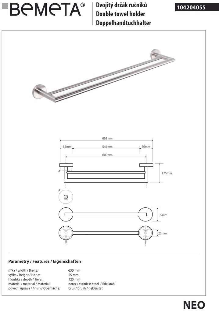 Bemeta Design NEO: Držák ručníků, 600 mm, dvojitý -