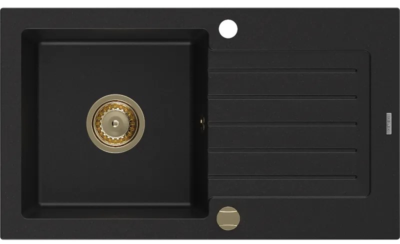 Mexen Pablo žulový kuchyňský dřez 1-komorový s odkapávačem 752 x 436 mm, černý, zlatý sifon - 6510751010-77-G