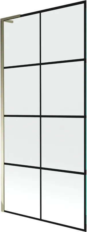 Mexen Next L, 1-křídlová vanová zástěna 90 x 150 cm, 6mm čiré sklo-černý vzor, zlatý lesklý profil, 895-090-000-03-77-50