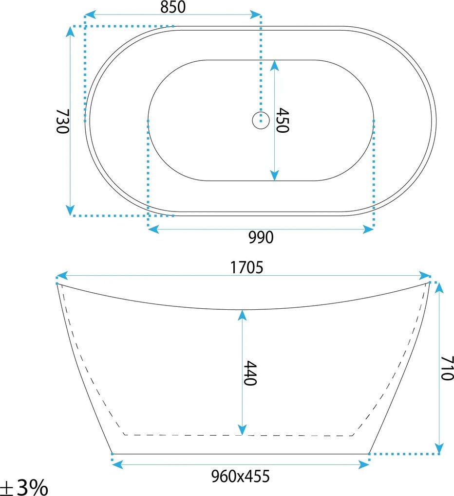 Volně stojící akrylátová vana REA FERRANO SLIM NATURE 170x73 cm, mramor, sifon Click-Clack - bílý