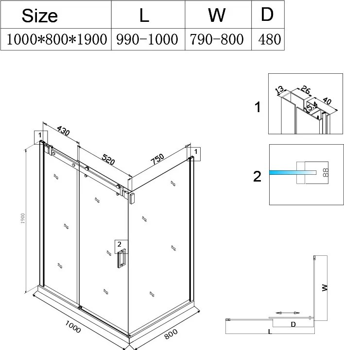 BPS-koupelny Obdélníkový sprchový kout HYD-OK15A 100x80 černá/transparent - bez vaničky