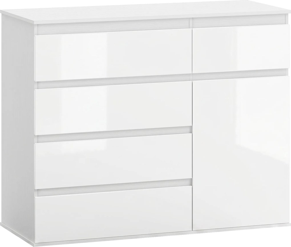 HOMCOM komoda s 5 zásuvkami, nastavitelné police, tlumené dovírání, vysoký lesk — 100 × 40 × 80 cm