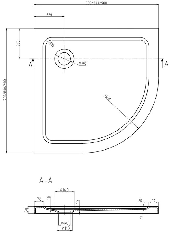 Mexen Rio, čtvrtkruhový sprchový kout 90(dveře)x90(dveře)x190 cm, 5mm sklo námraza, černý profil + bílá sprchová vanička SLIM, 863-090-090-70-30-4110B