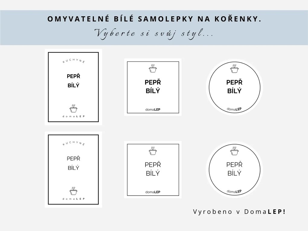 PEPŘ BÍLÝ - omyvatelná samolepka na kořenky, výběr rozměrů Ø 5 cm / 5 x 5 cm / 6 x 8 cm | DomaLEP tvar: KOLEČKO, barva: BÍLÁ - ČERNÉ písmo, velikost: Ø 5 cm - základní písmo