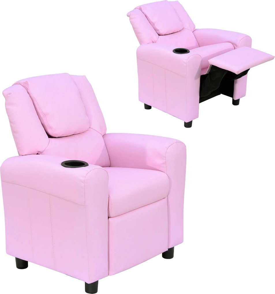HOMCOM Dětská židle, Minichair, Dětská pohovka pro 3-6 let, Sklopná funkce, Vestavěný držák na hrníček, Růžová, 62 x 56 x 69 cm | Aosom