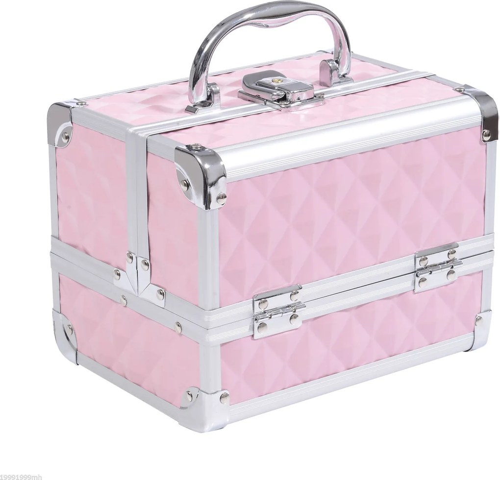 HOMCOM Profesionální Kosmetický Organizér na Make-up S Zrcadlem a Zámkem - Přenosná Taška na Make-up s Více Přihrádkami 20x15x15cm Hliníková